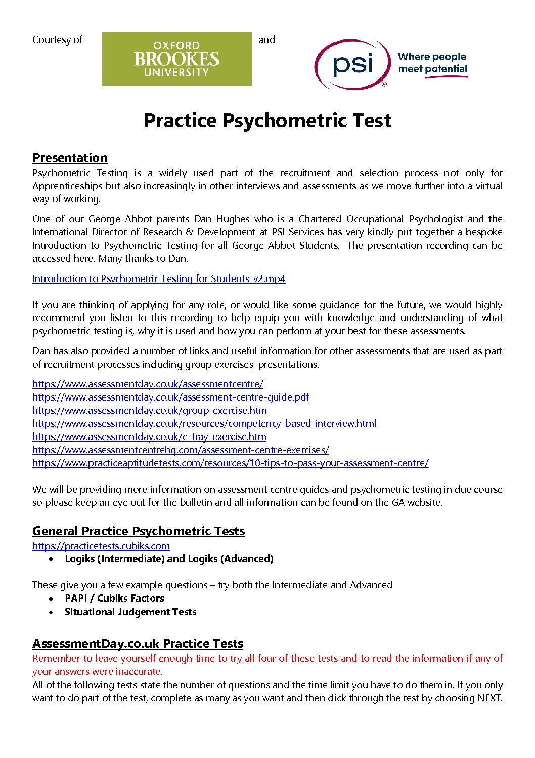 Psychometric Testsv2 | George Abbot School