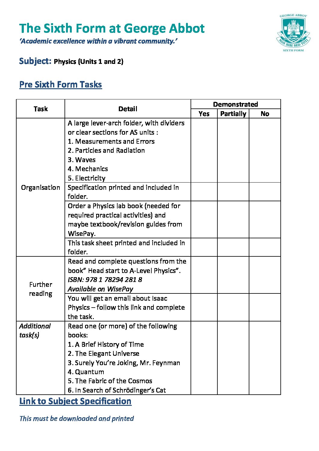 Physics Summer Task 2022 | George Abbot School